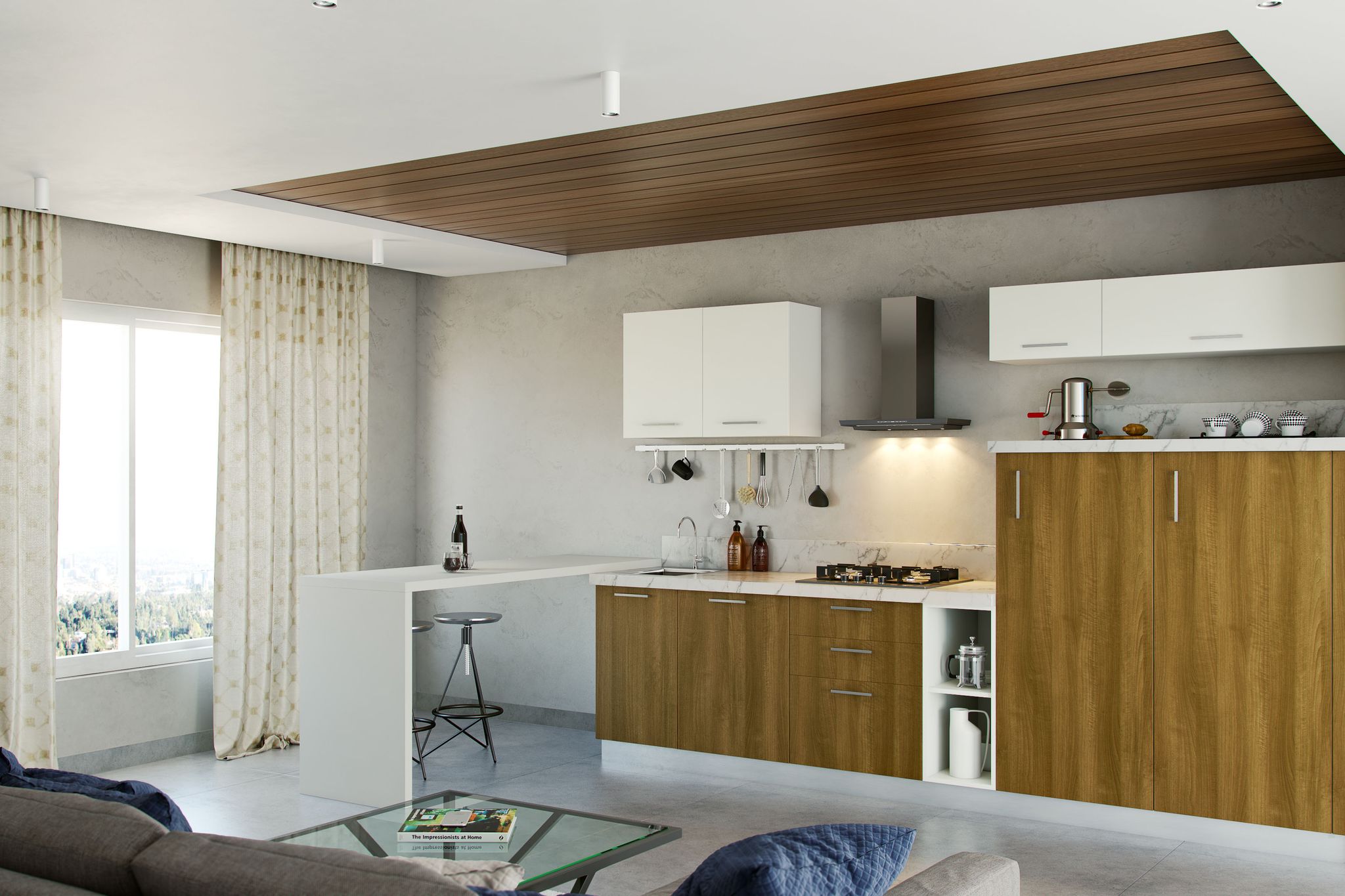 Modern Open Kitchen Design with Cabinets with Drawers, Wood Panelling ...