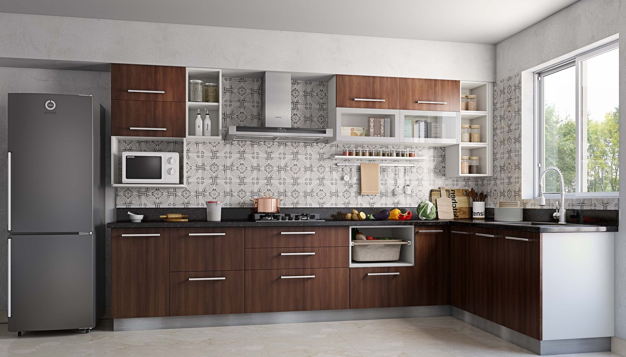 L-Shaped Modern Kitchen Design with Ample Storage, Granite Countertop, and Spice Racks | Livspace