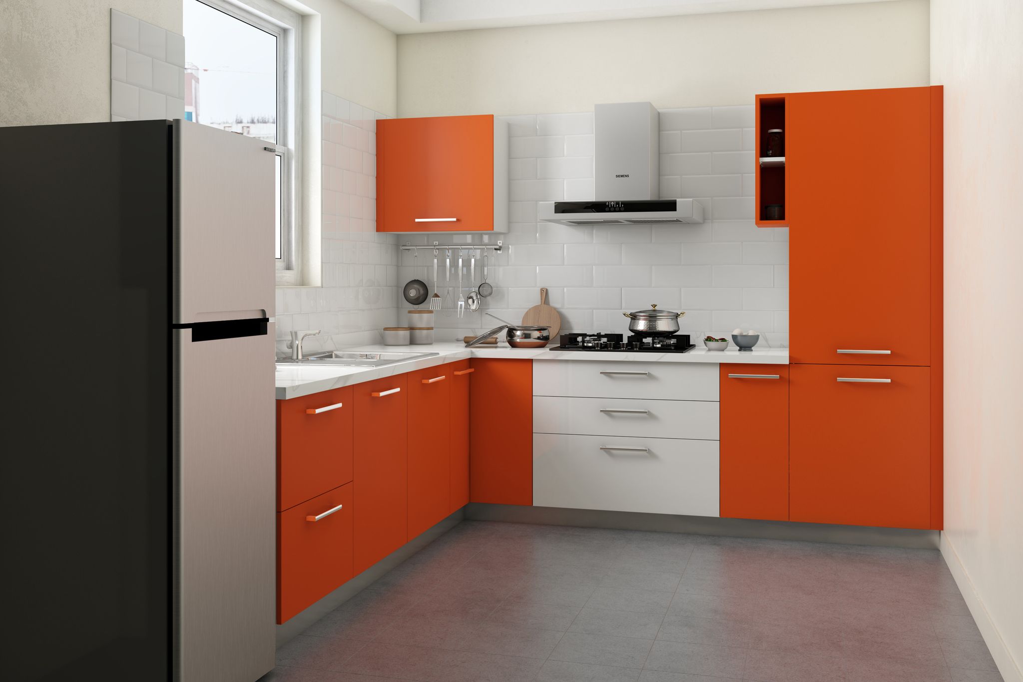L-Shaped Modern Kitchen Design with Marble Countertop, Tangerine Orange ...