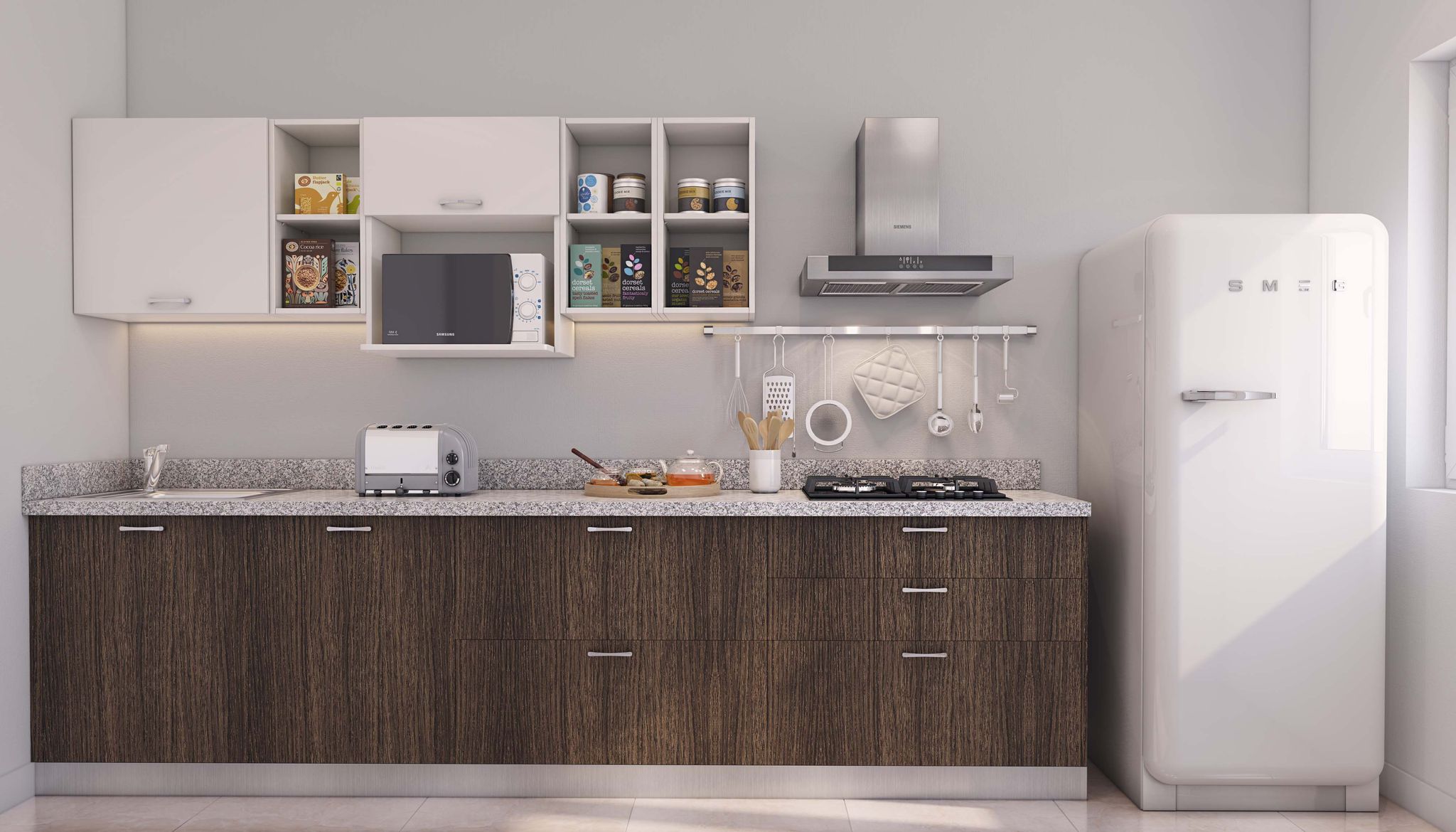 Straight Modern Kitchen Design with Aromita Holz, Frosty White, and ...