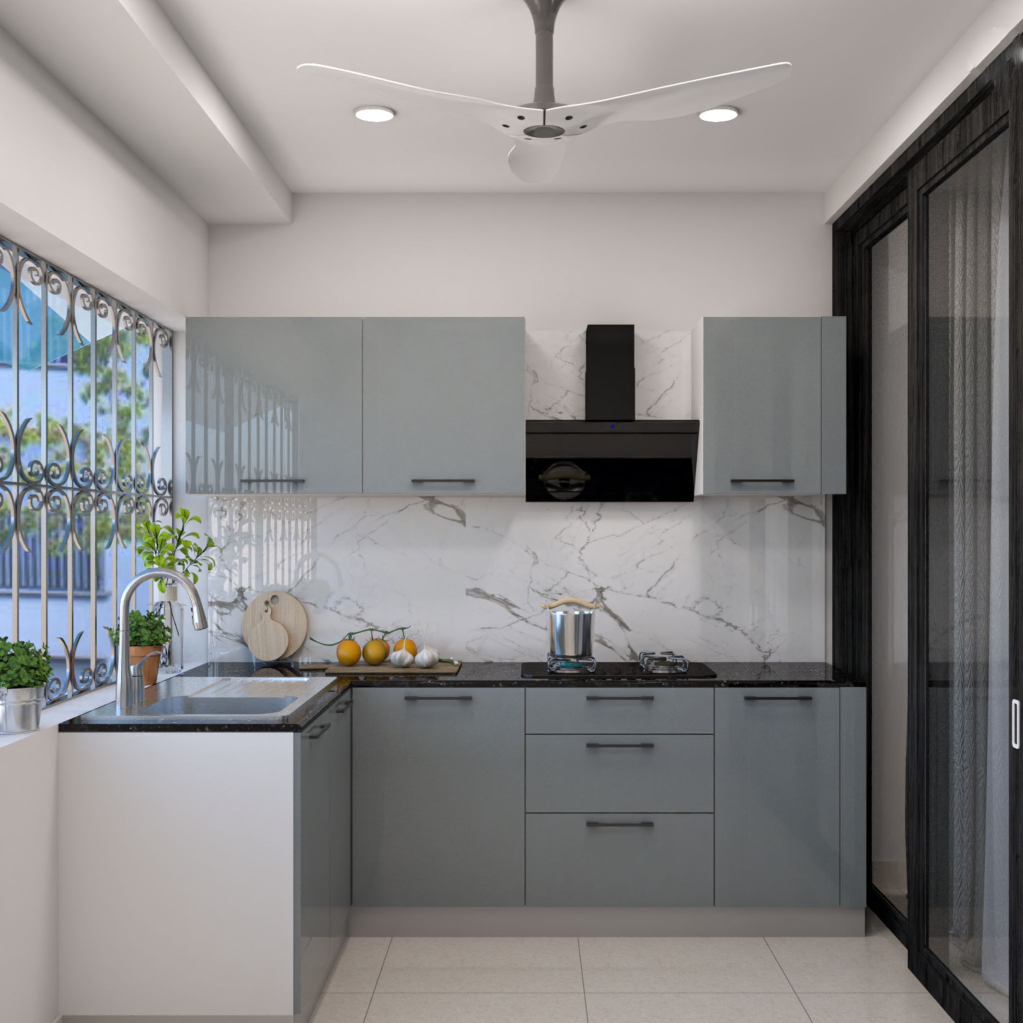 L-Shaped Modern Kitchen Design with Granite Countertop, Silver Units, Spacious Storage | Livspace