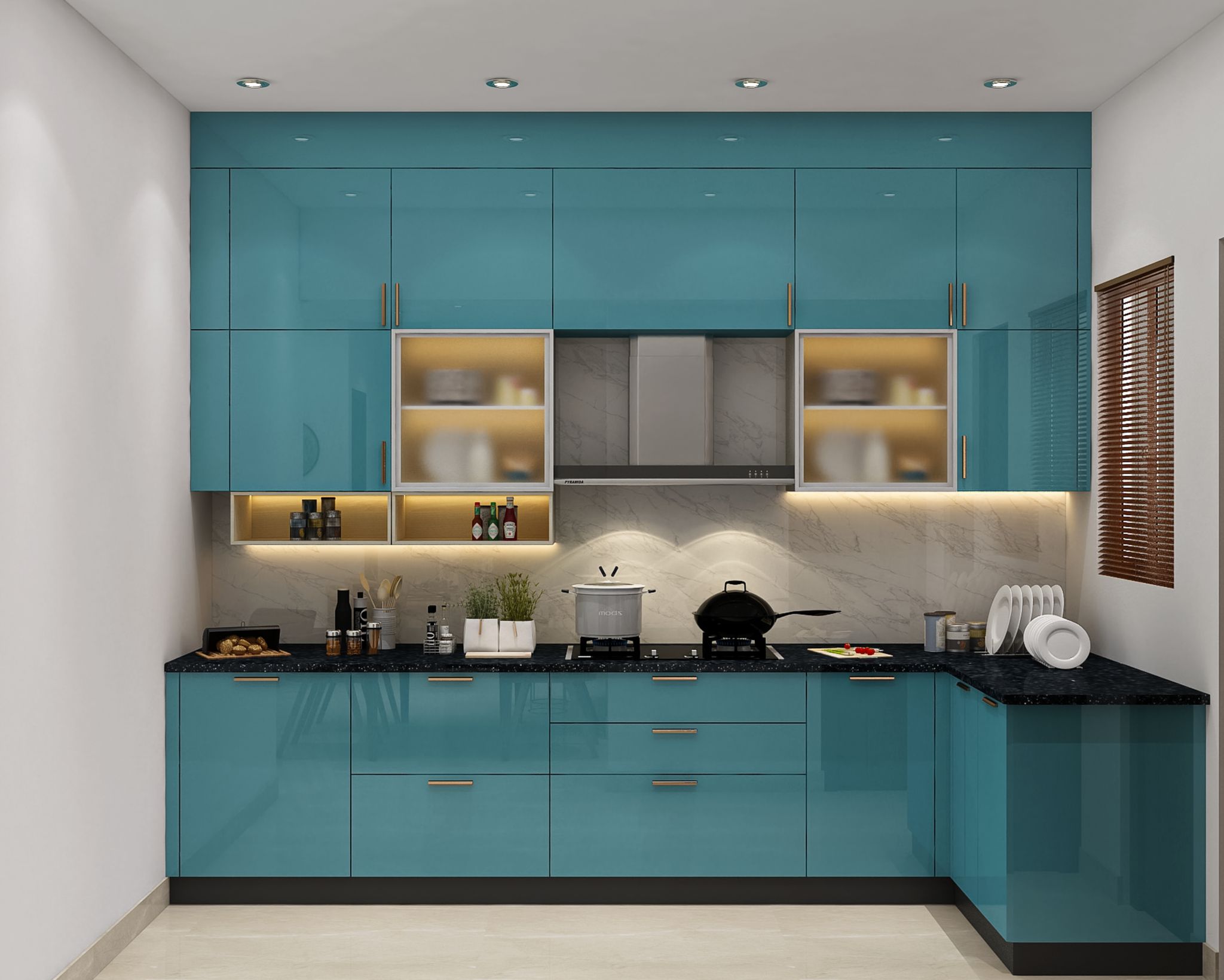 Blue L-Shaped Modern Kitchen Design with Granite Countertop and High ...