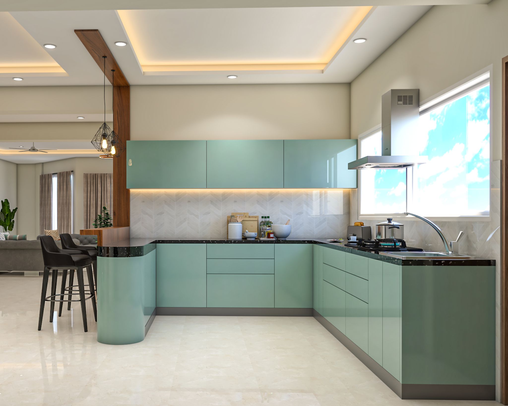 Blue Units Minimal U-Shaped Kitchen Design with Granite Countertop and ...