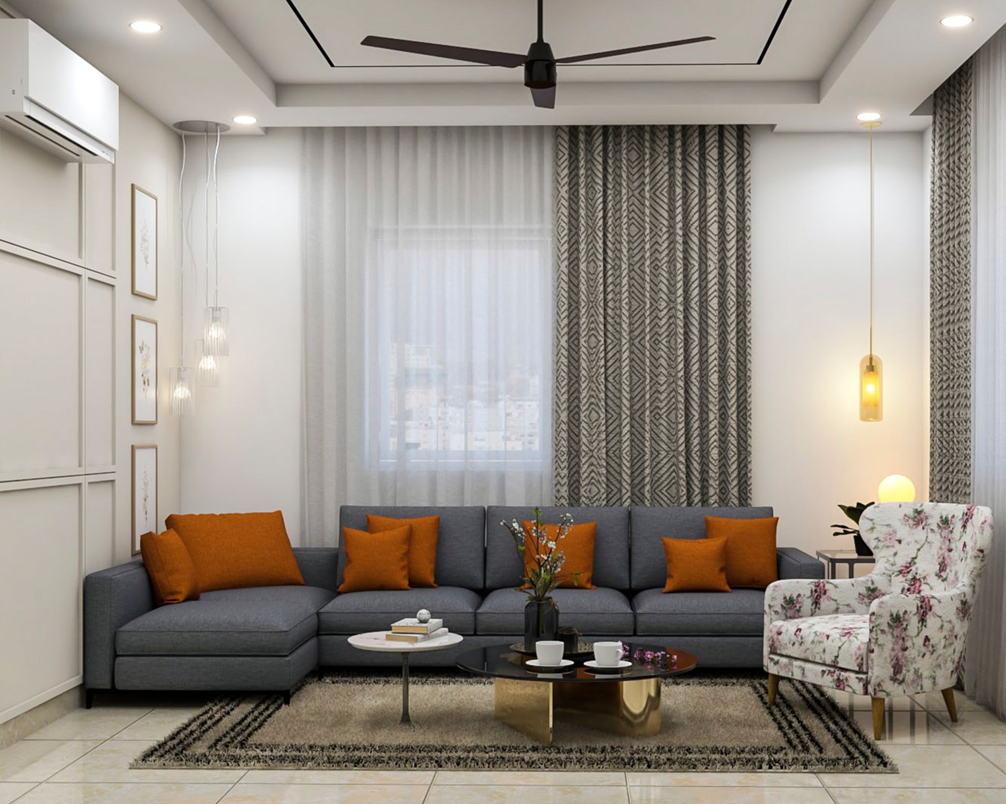 Comfortable Traditional Living Room Design with Artwork and Grey L ...