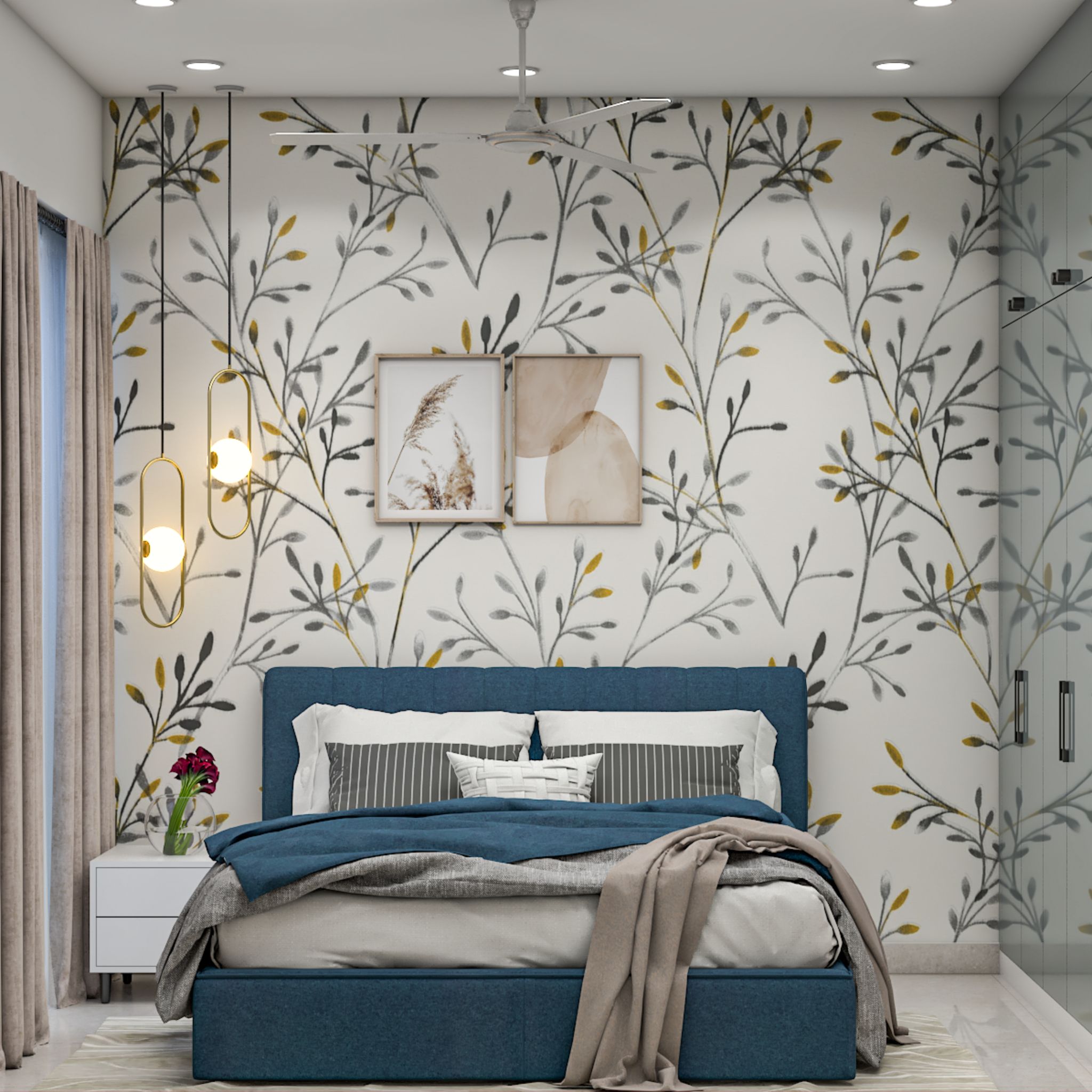 White and Gold Leaf Wallpaper Design Perfect for Contemporary Bedroom ...