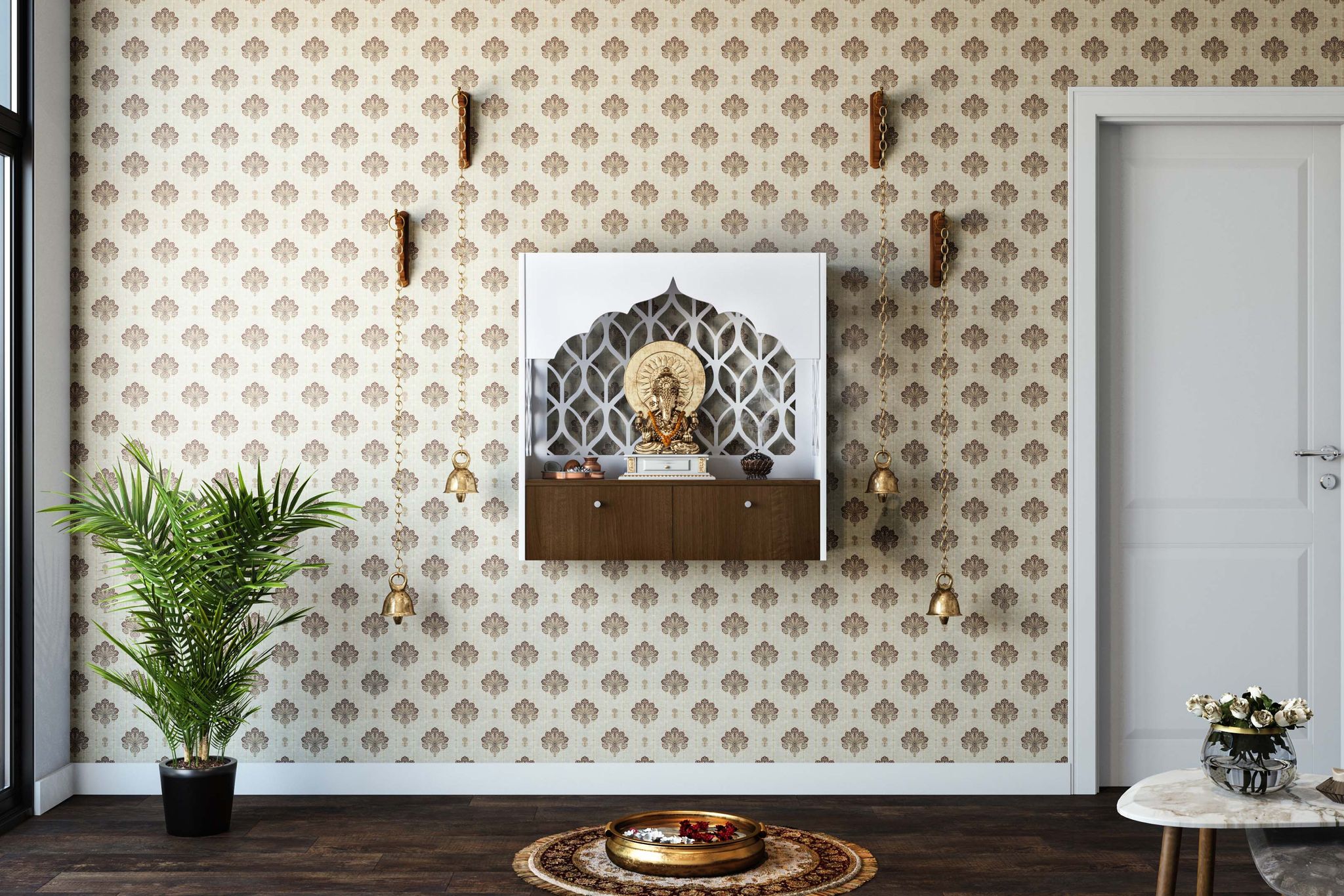 Walnut Bronze and White Pooja Unit Design with Wall-Mounted Drawer ...