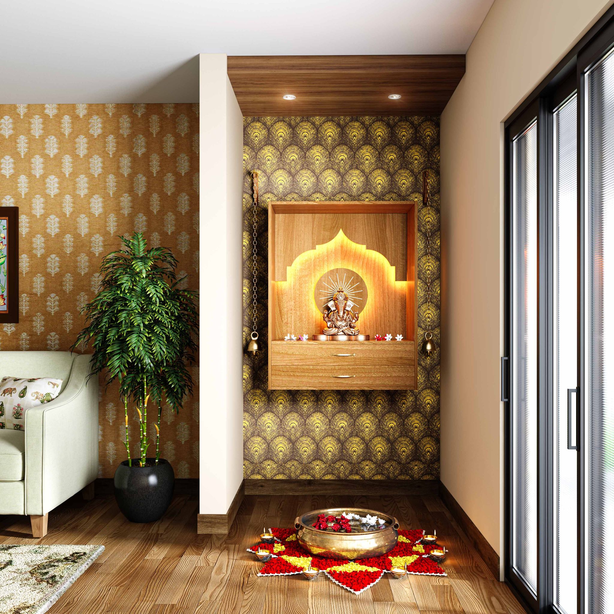 Pooja Unit Design in Contemporary Persian Walnut with Peacock Feather ...