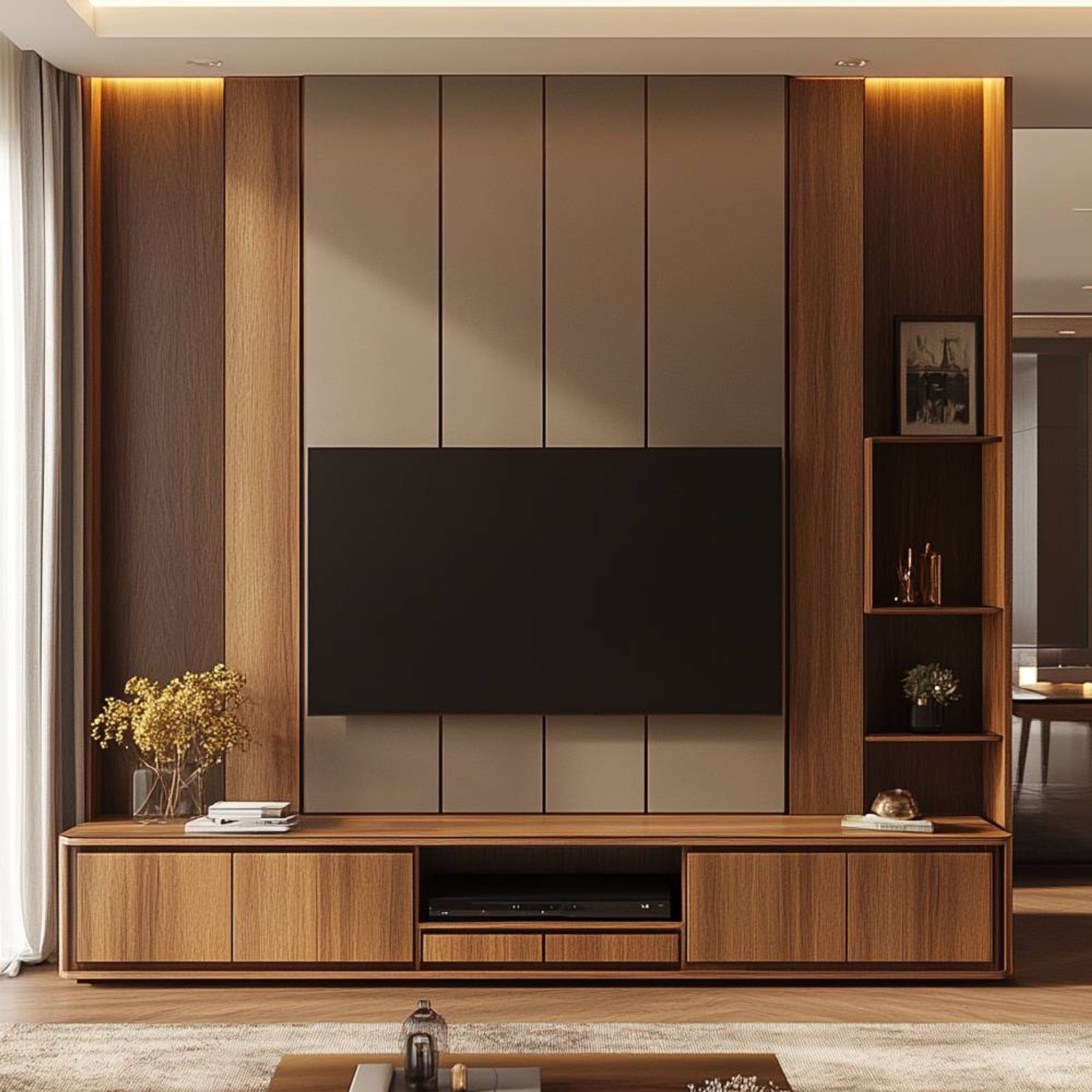 Wall-Mounted Modern TV Unit Design with Laminate Finish, LED Lights ...
