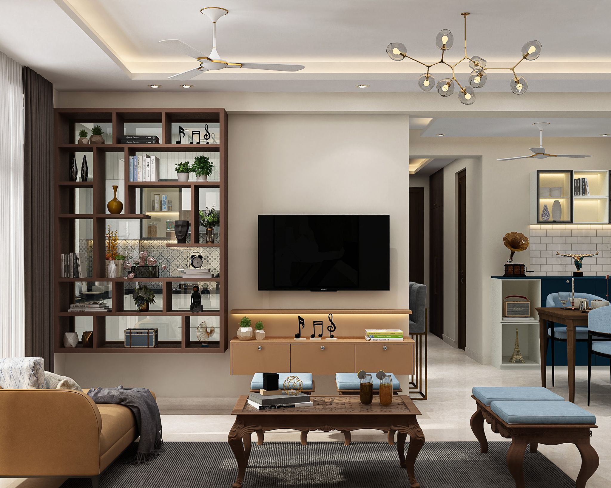 Peach Contemporary TV Unit Design with Drawers and Open Rack Storage in ...