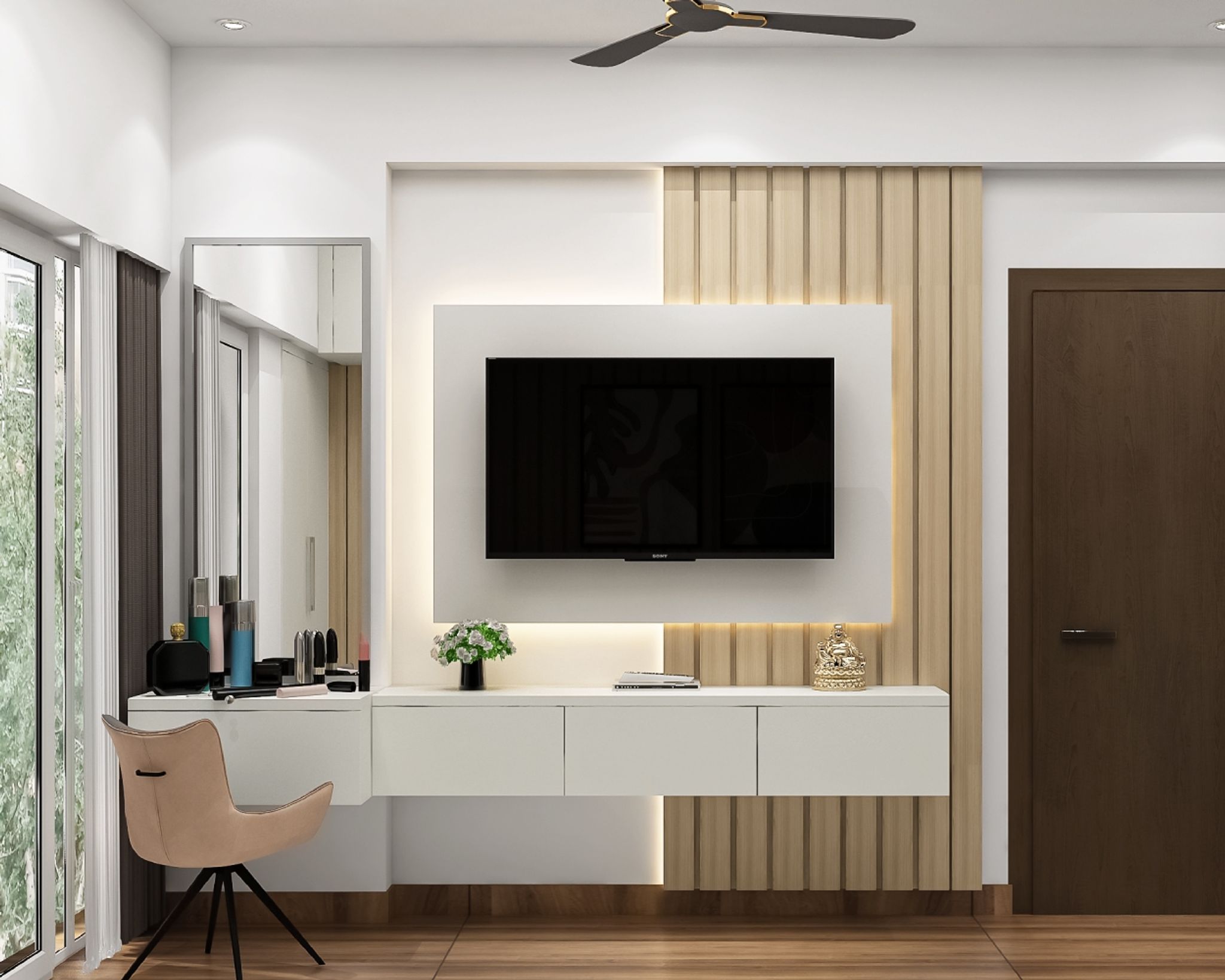 White Modern TV Unit Design with Profile Lighting and Wooden Groove Panels | Livspace