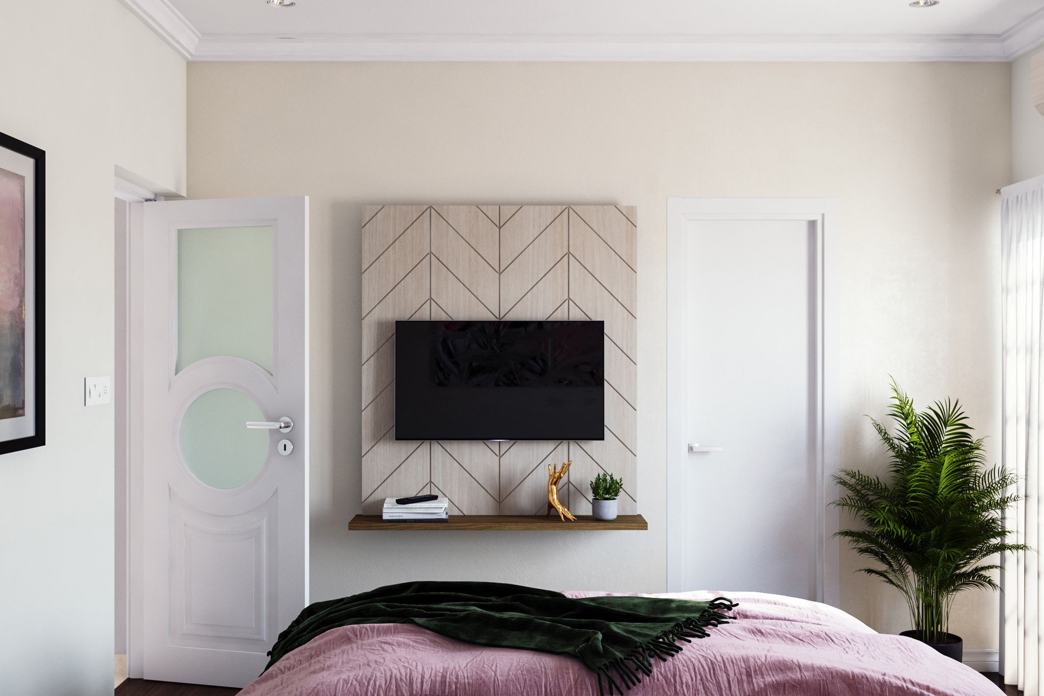 Stylish Modern TV Unit Design with Bronze Shelf and Herringbone Wall ...