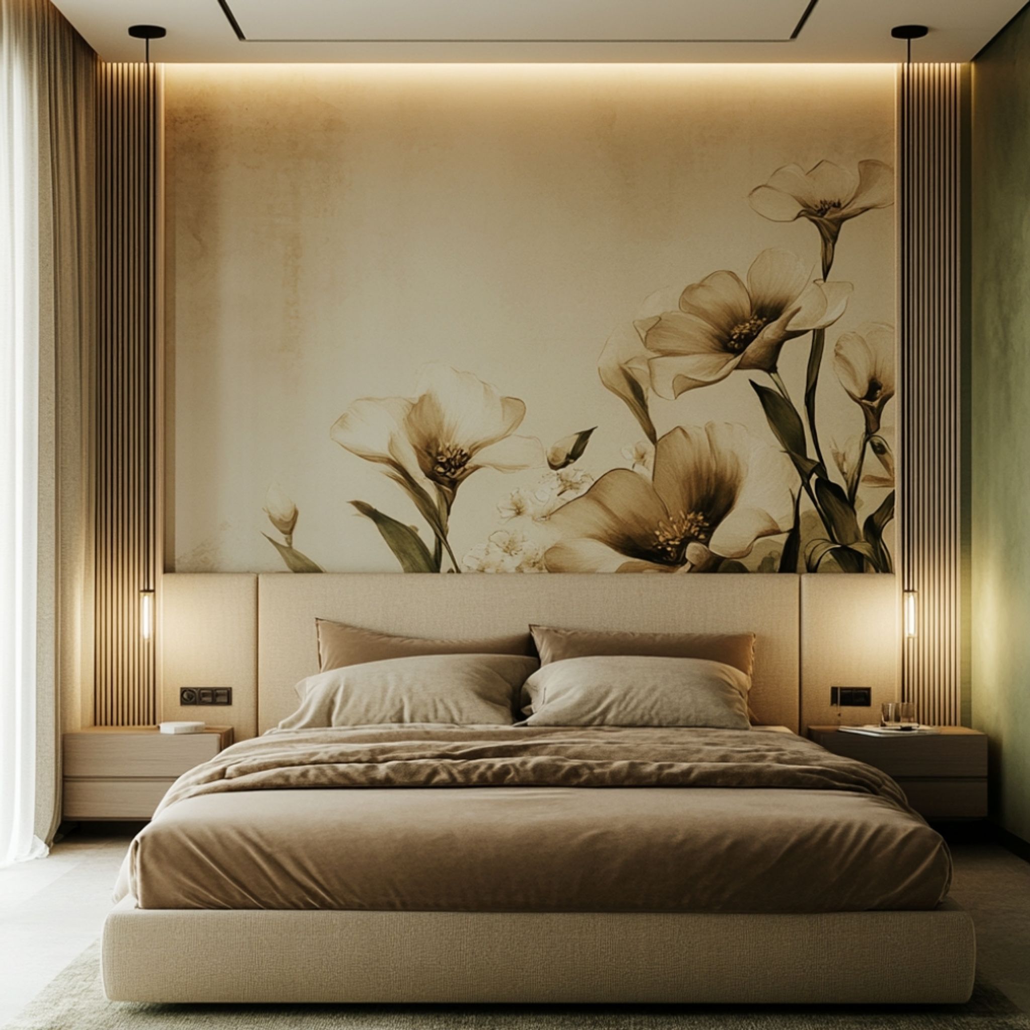 Cream Floral Wallpaper Design: Contemporary Touch for a Dynamic Bedroom ...