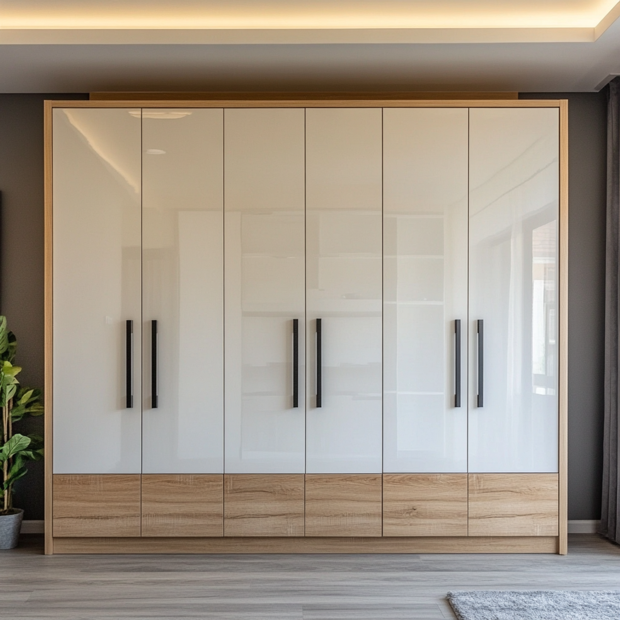 White and Teak Modern 6-Door Swing Wardrobe Design with High Gloss ...