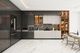 Grey Modular Kitchen Design With White Marble Island - 16x14 Ft | Livspace