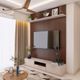 Compact Grey TV Unit Design Against Light Pink Textured Wall And Gold ...