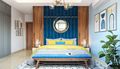 Spacious Bedroom Design With Vertical Blue Wall Rafters | Livspace