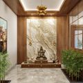 Marble Trim Classic Pooja Unit Design with Stucco Ceiling and Wallpaper ...