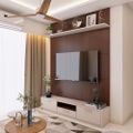 Compact Grey TV Unit Design Against Light Pink Textured Wall And Gold ...