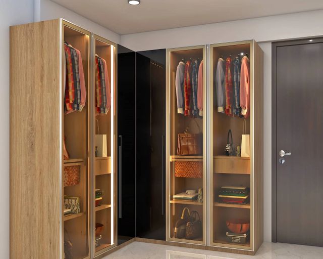 Spacious L-Shaped Wooden Wardrobe Design With Strip Lighting | Livspace