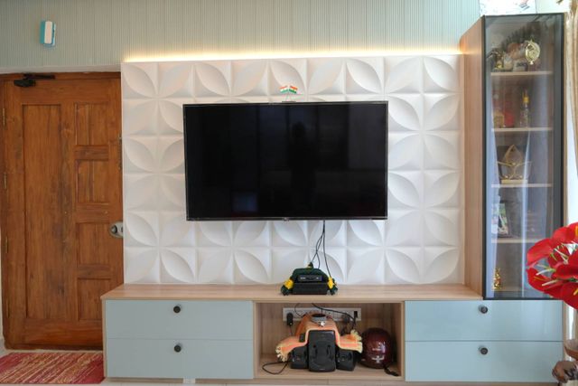 Modern TV Unit Design with Blue Drawers and Wooden Display Cabinet ...