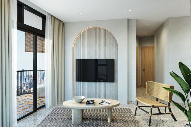 Light Grey TV Unit With Fluted Wall Panelling | Livspace