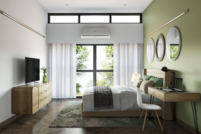 Spacious Master Bedroom Design With Green Accent Wall And Wooden TV ...