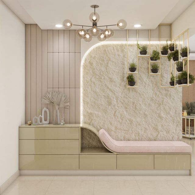 Contemporary Foyer Design With Curved Bench, Planters, and Cove ...