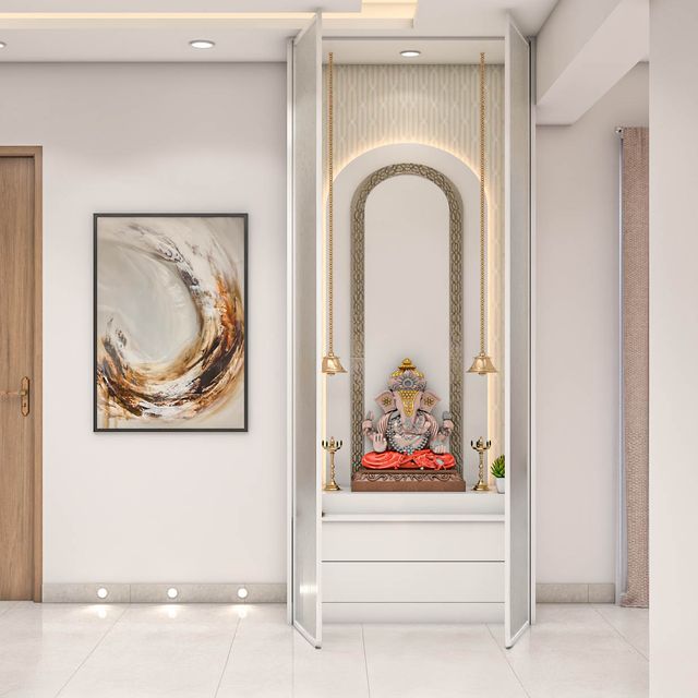 Contemporary Pooja Design with Golden Filigree and Hidden Drawer ...