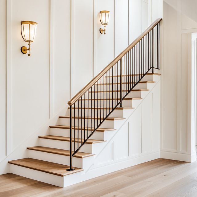 Straight Minimal Staircase Design in Metal and Wood | Livspace