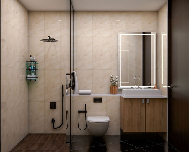 Minimal Bathroom Design with Wooden Storage and Backlit Vanity Mirror ...