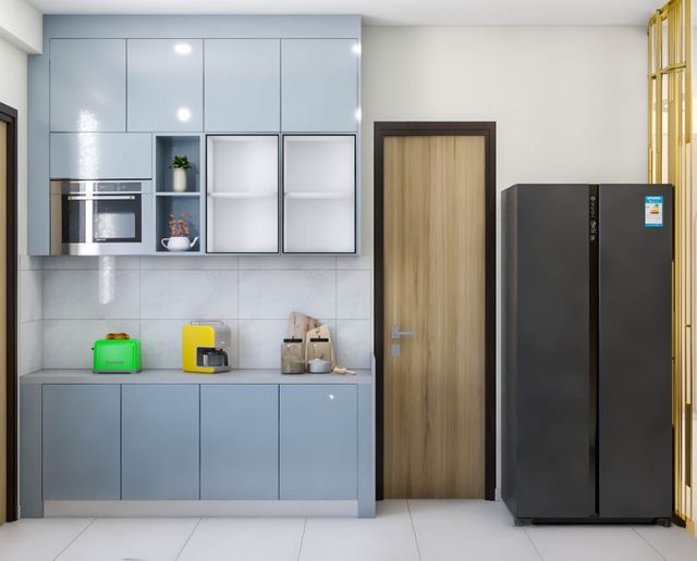 Blue Modern Parallel Kitchen Design with Granite Countertop and Open ...