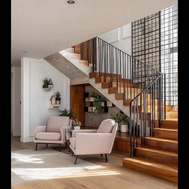 Industrial Staircase Design with Wood L-Shaped Construction | Livspace