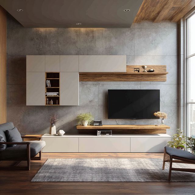 Asymmetrical Modern TV Unit Design with Shelves and Concealed Cabinets ...