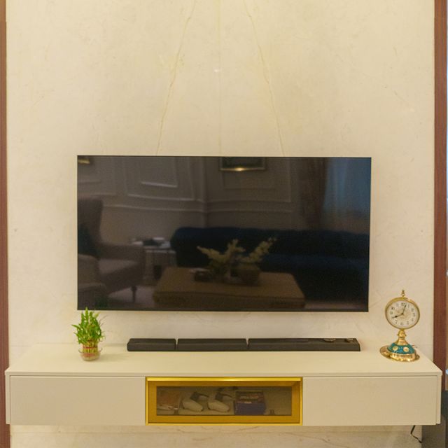 Smoke Grey and Peak Yellow Finish Modern TV Unit Design With Display ...