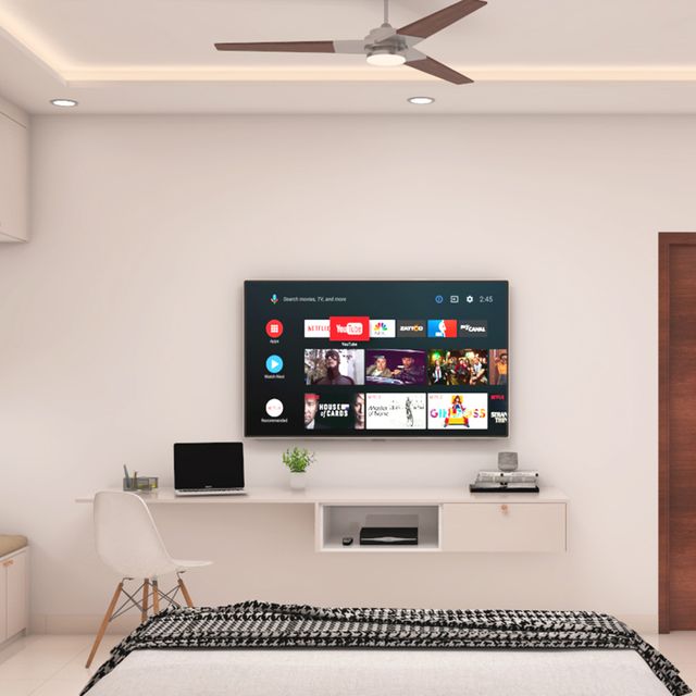 White Minimal TV Unit Design with Floating Bookshelf and Workspace ...
