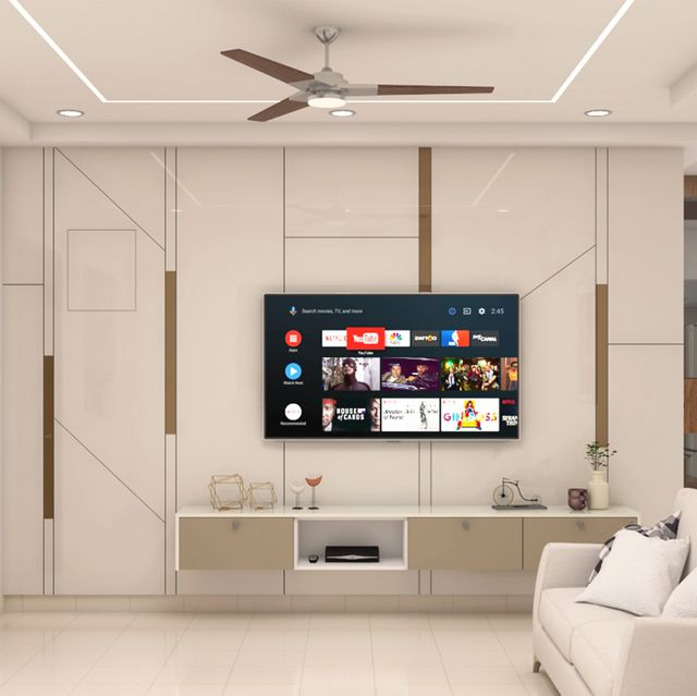 Modern Cream Toned TV Unit Design with Geometric Wall Paneling and ...
