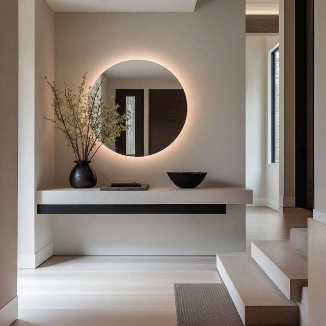White Minimalist Foyer Design with Built-In Storage and Backlit Mirror ...