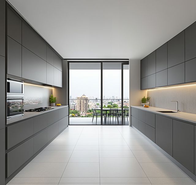 Parallel Contemporary Kitchen Design with Grey Cabinets, Quartz ...