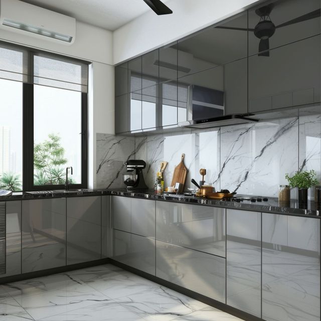 Sleek Contemporary L-Shaped Grey Kitchen Design with Kompacplus Resin ...