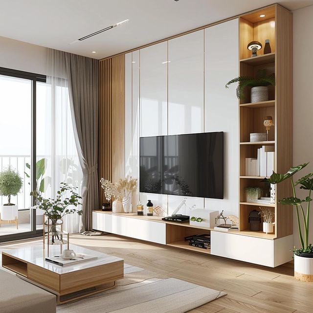 Customizable Scandinavian TV Unit Design with Open Drawers and Tall ...