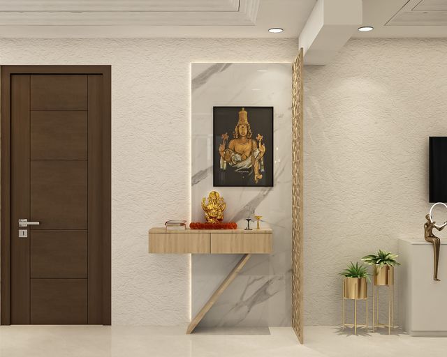 Pooja Unit Design with Contemporary Illuminated Marble Backdrop ...