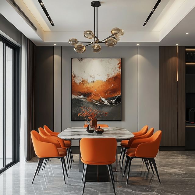 8-Seater Contemporary Dining Room Design with Orange Upholstery Chairs ...