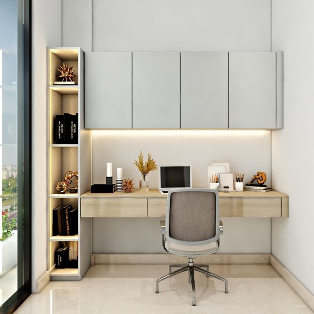 Modern Home Office Design with Floating Desk and Grey Swivel Chair ...