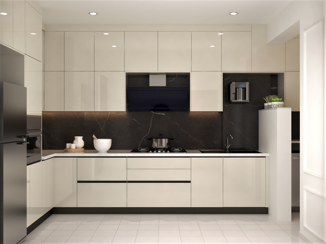 L-Shaped Modern Kitchen Design with Champagne Glossy Finish and Quartz ...