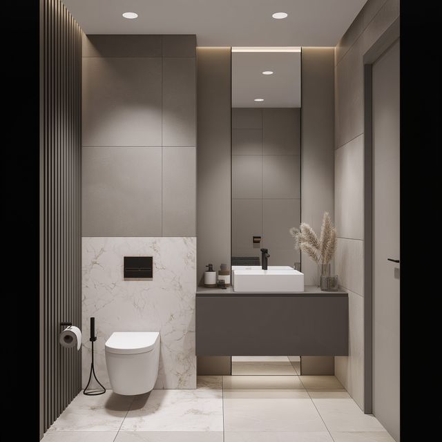 Minimal Bathroom Design with Wood Slat Wall and Floating Quartz Vanity ...