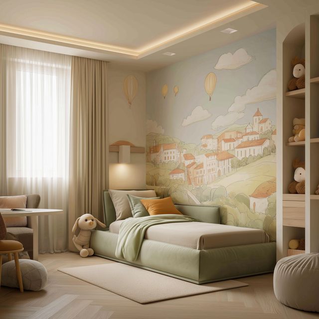 Contemporary Storybook Wall Mural Kids Bedroom Design with Patsel Green ...