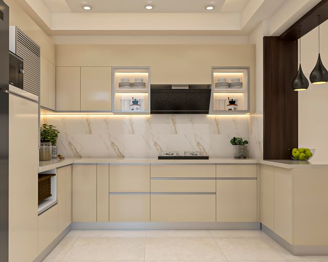 Minimal Cream U-Shaped Kitchen Design with Marble Countertops and Tall ...