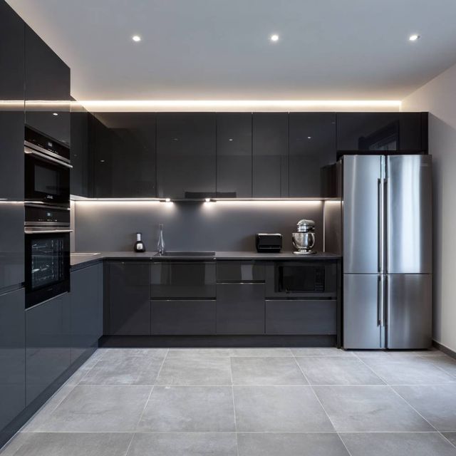 L-Shaped Modern Kitchen Design with High-Gloss Grey Cabinets and ...