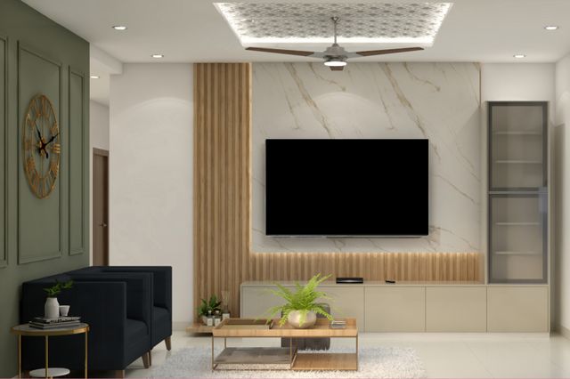 Modern TV Unit Design with Vertical Wood Fins and Marble Pattern Wall ...