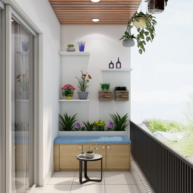 Contemporary Balcony Design With Blue Tufted Bench And Wooden Ceiling ...